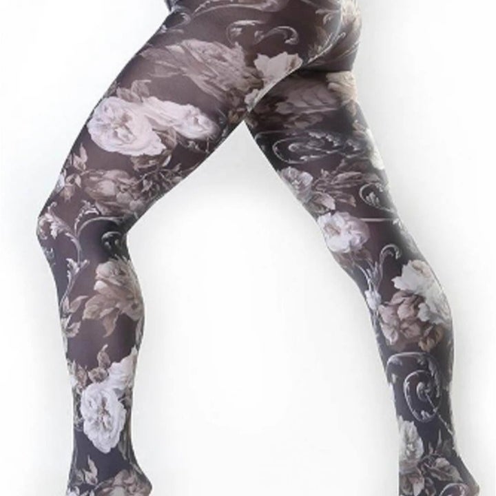 Black Floral Print Tights with Vintage Rose Design | Threads & Legs
